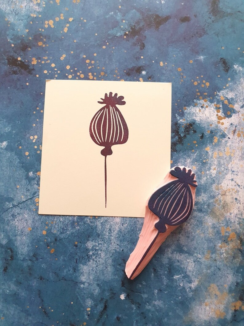 Poppy pod rubber stamp for junk journal wild garden stamp for | Etsy