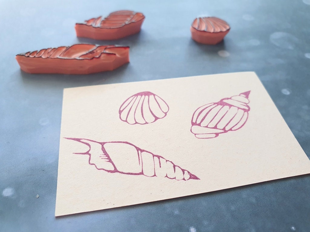 Seashell Rubber Stamp Set of 3 for Scrapbooking, Shell Stamp, Beach ...