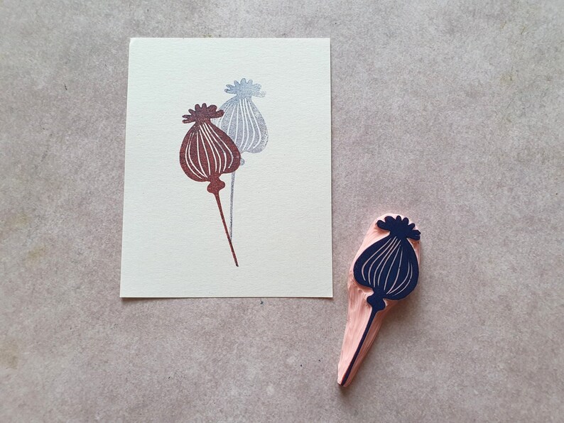 Poppy pod rubber stamp for junk journal wild garden stamp for | Etsy