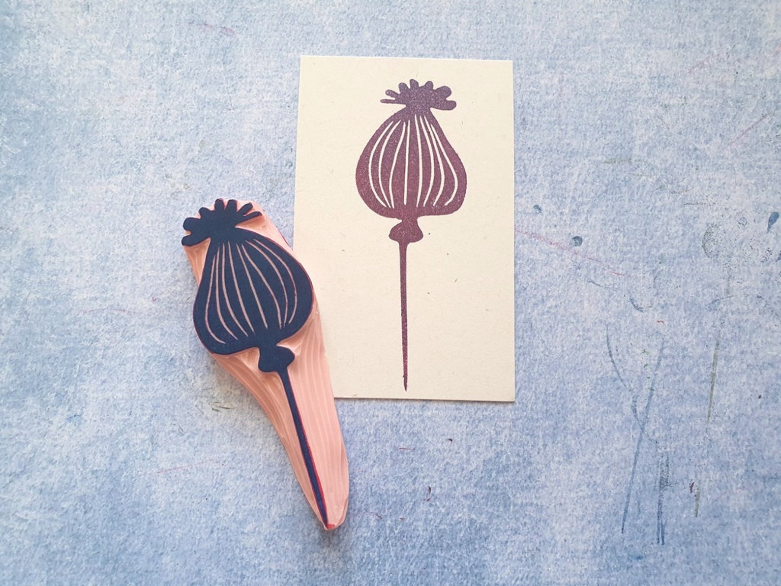 Poppy pod rubber stamp for junk journal wild garden stamp for | Etsy