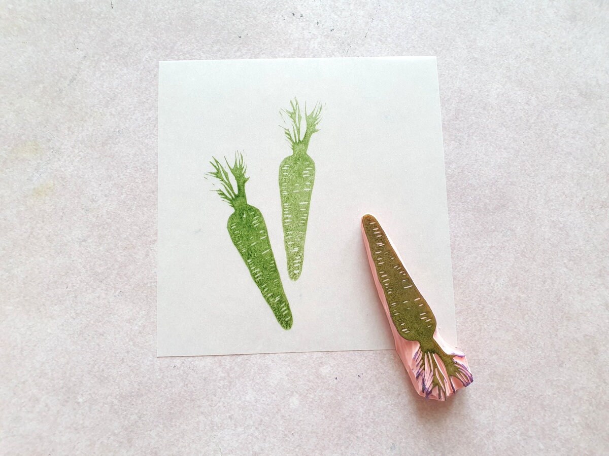 Carrot rubber stamp for printing on fabric bags garden | Etsy