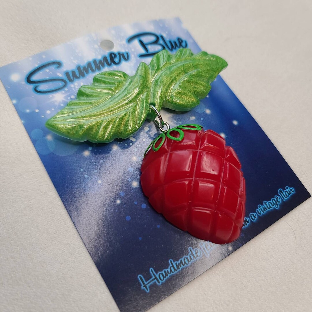 Bakelite Style Leaf and Big Chunky Strawberry Brooch Pinup, Berries ...