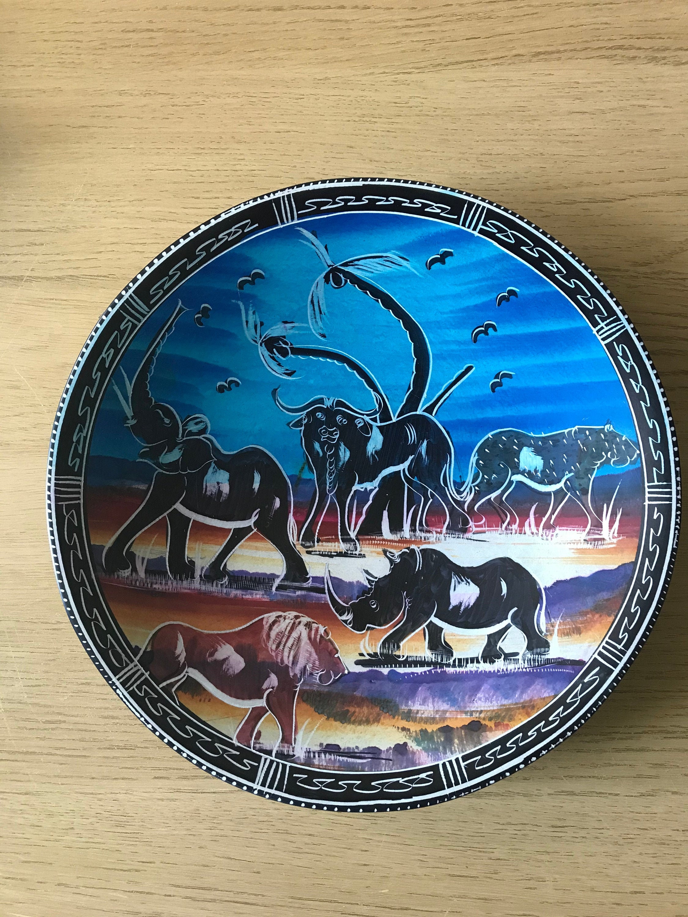 Decorative Plate African Kisii Soapstone Carving Giraffes and Elephants ...