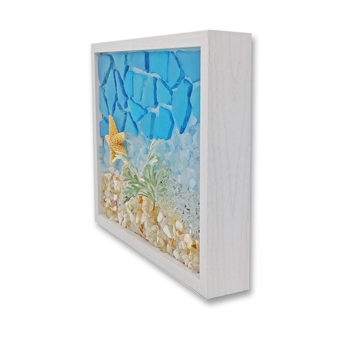 Sea Glass Art in a Frame With a Gold Starfish on the Beach, a Gift for ...