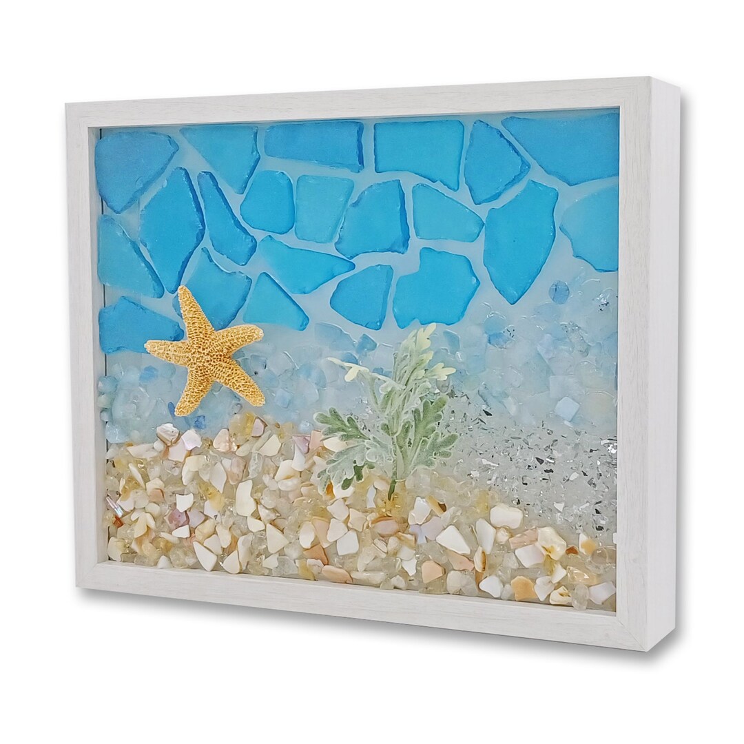 Sea Glass Art in a Frame With a Gold Starfish on the Beach, a Gift for ...