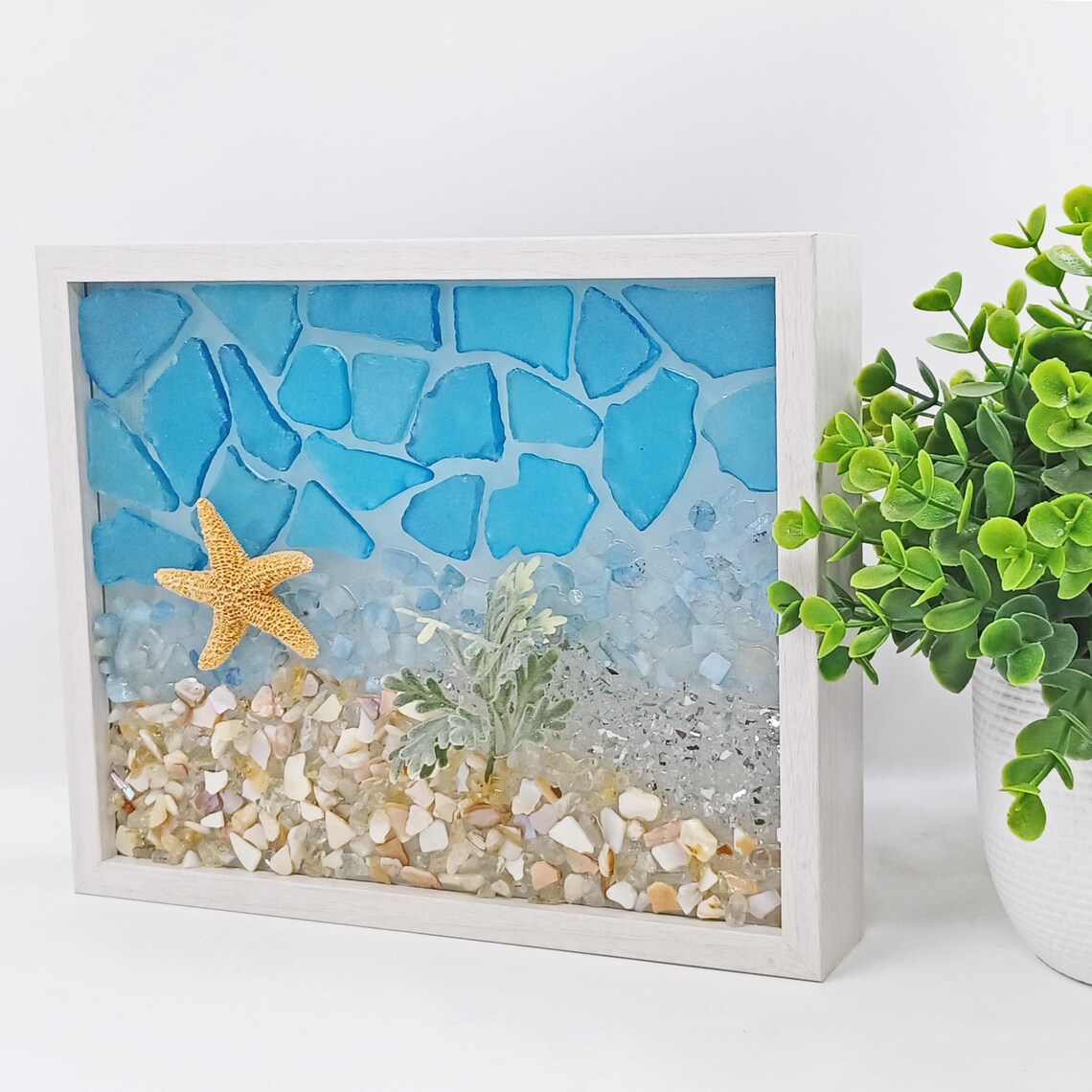 Sea Glass Art in a Frame With a Gold Starfish on the Beach, a Gift for ...