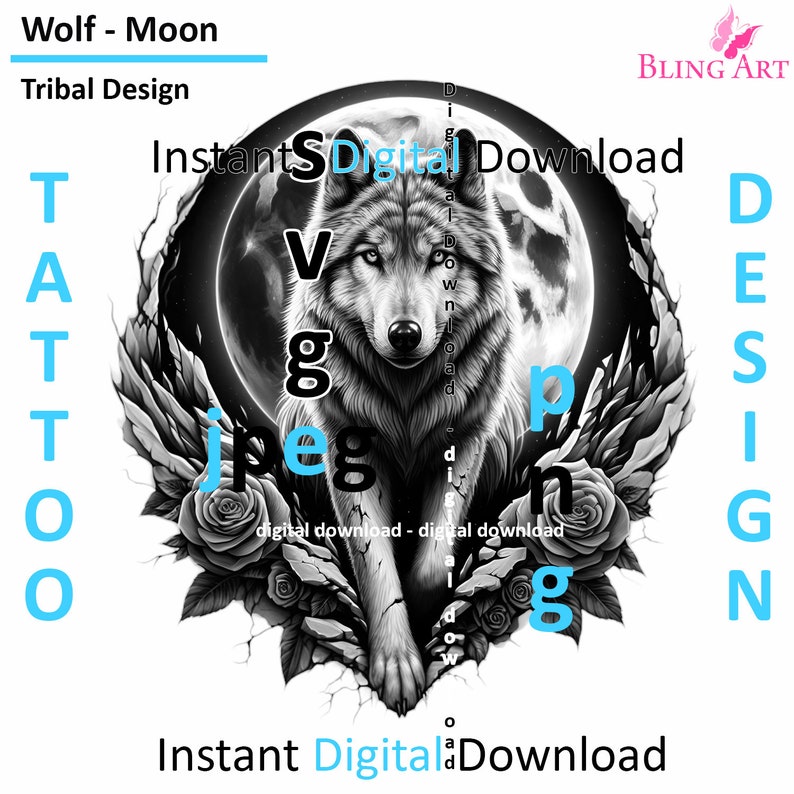 Wolf Moon SVG Animal Digital Tribal Tattoo Design Art in PNG, JPEG ...