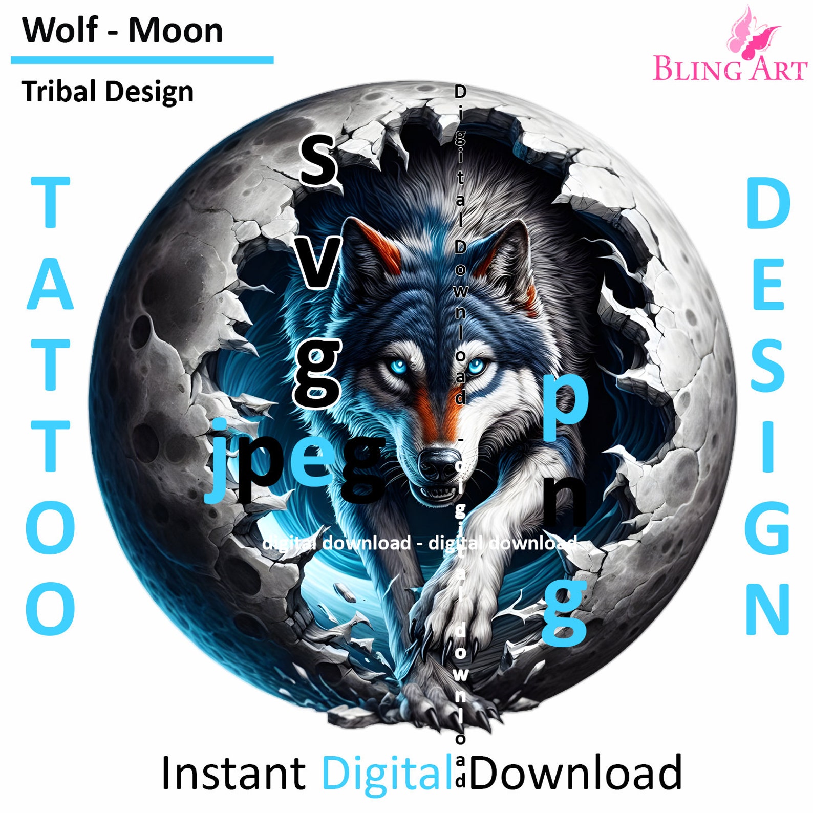 Wolf Moon SVG Animal Digital Tribal Tattoo Design Art in PNG, JPEG ...