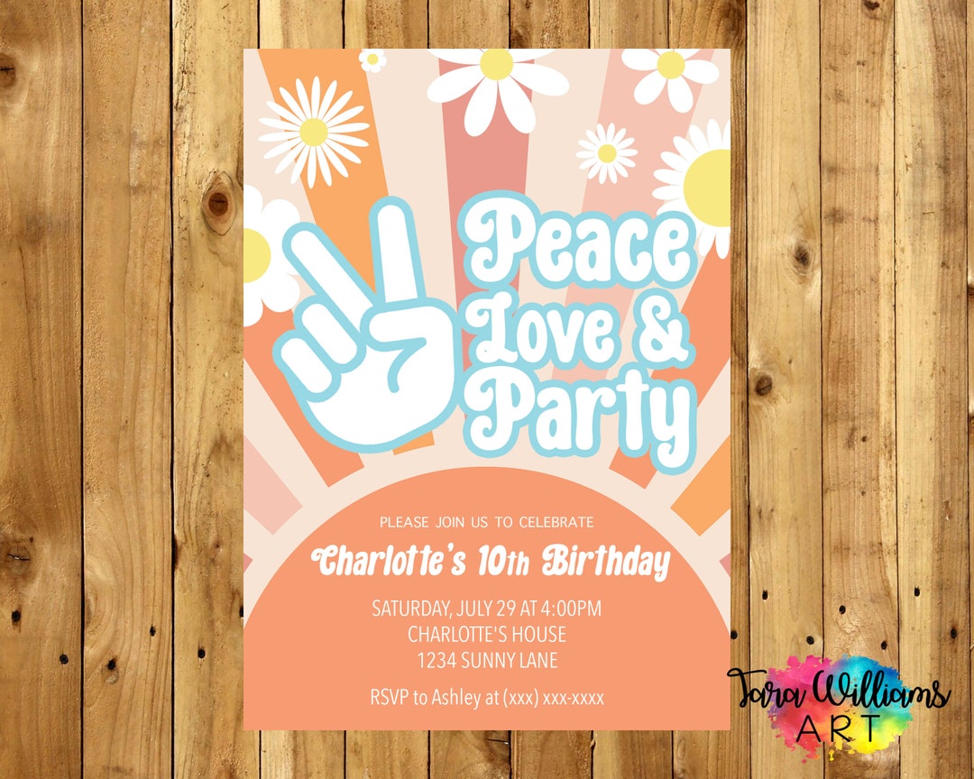 Peace Love and Party Birthday Party Invitation Retro First Peace Sign ...