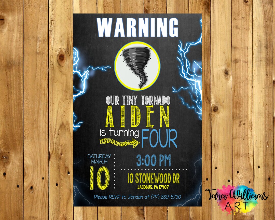 Tornado Storm Chaser Birthday Invitation Blue & Yellow Printable-custom ...
