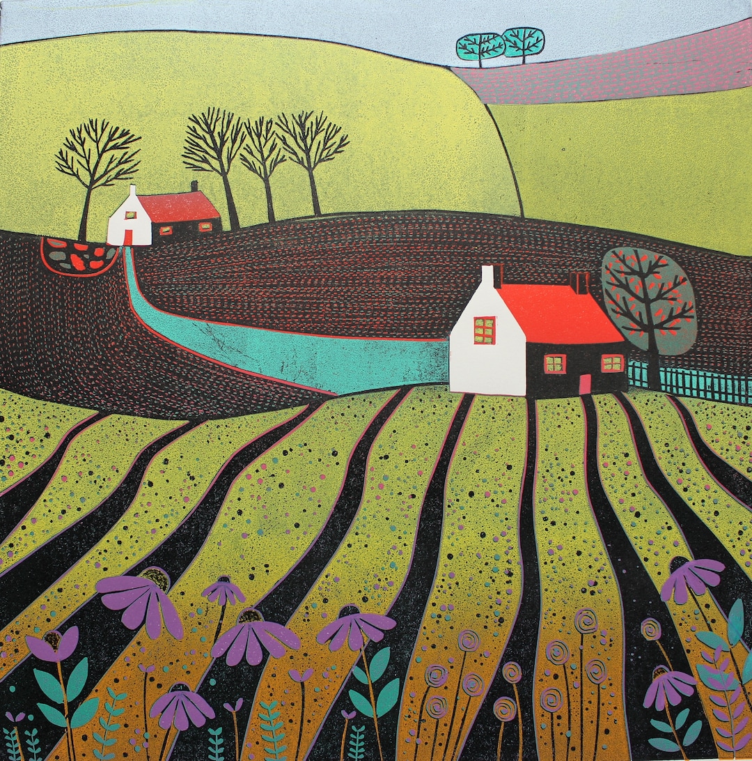 Original Linocut Print, Spring Landscape Print, Yellow Rapeseed Fields ...