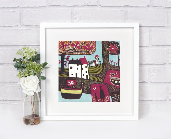 Small Colourful Linocut Print Lino Print Art Small Landscape - Etsy