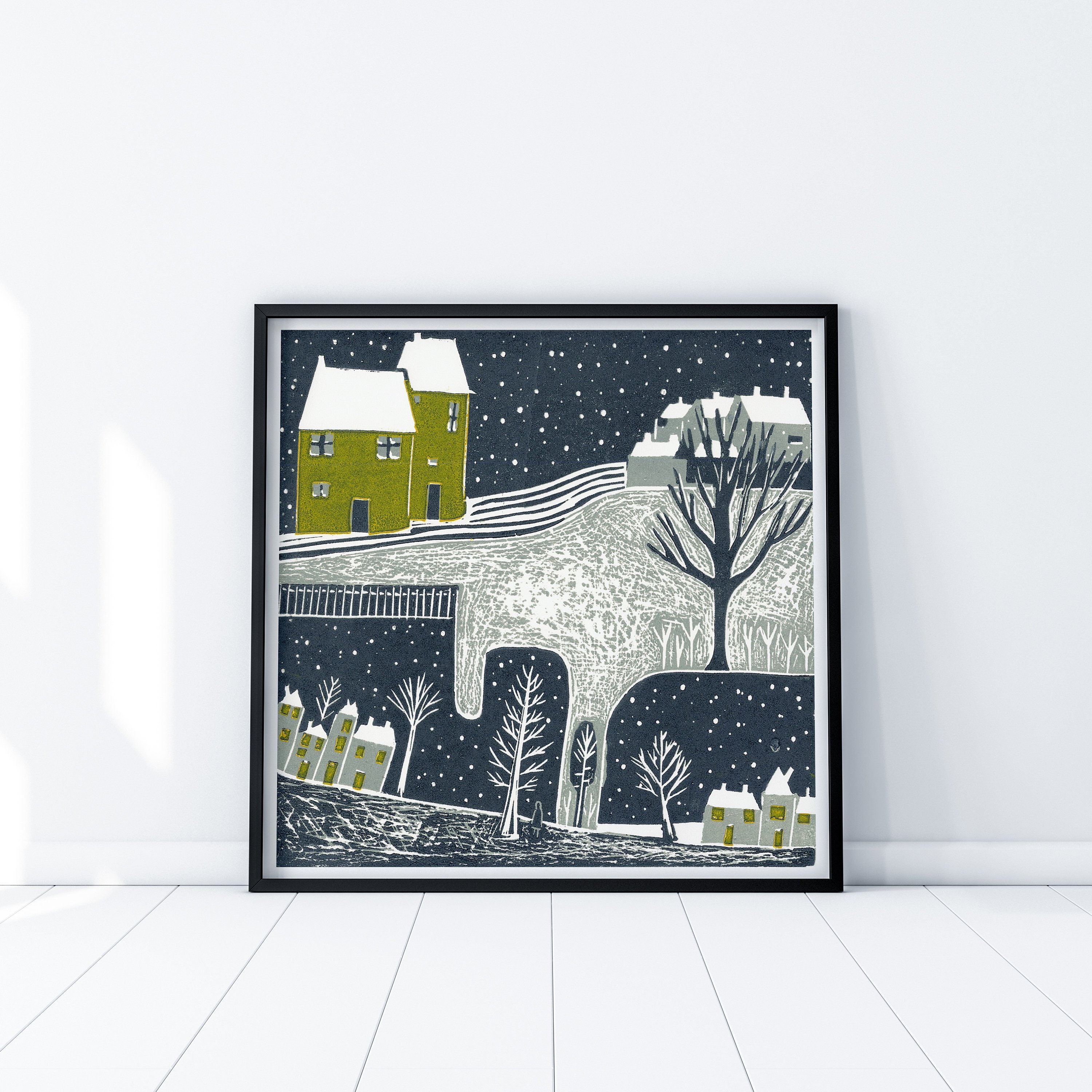 Linocut print Winter Art Print Snow Scene Print Holiday - Etsy.de