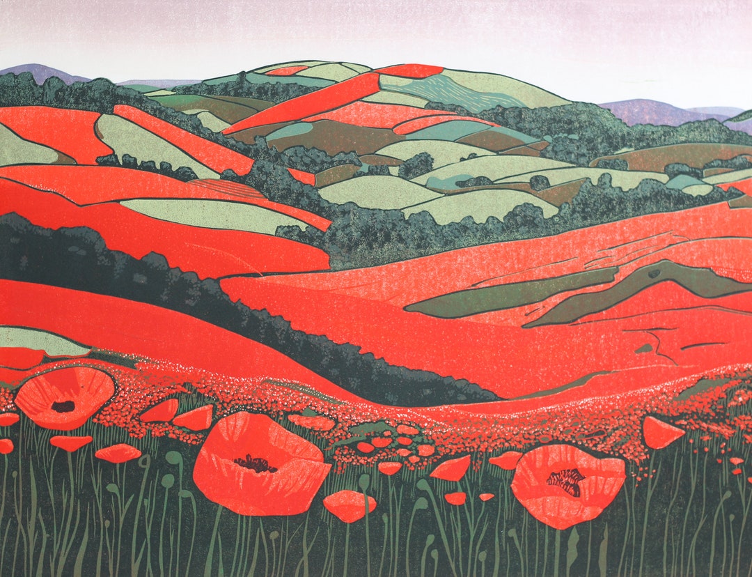 Landscape Linocut Print, Poppy Fields Print, Poppy Flowers, Statement ...