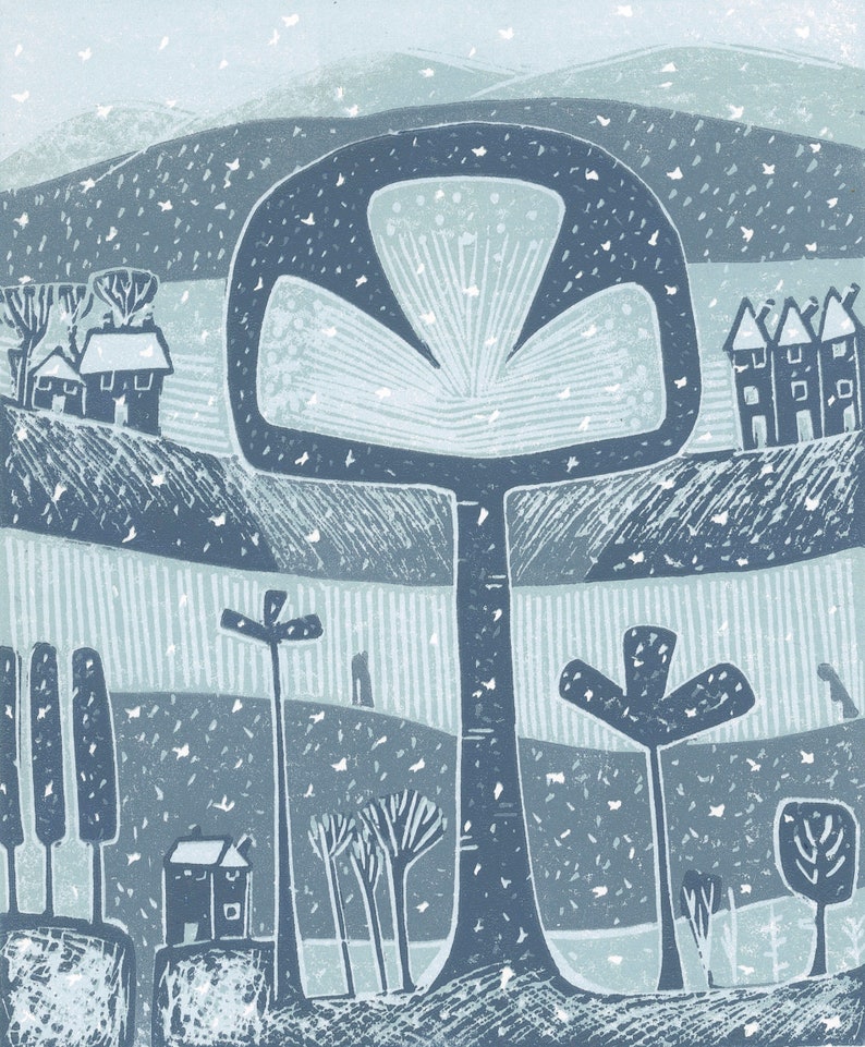 Christmas Lino Print, Winter Scene Print, Original Linocut Print, Snow ...