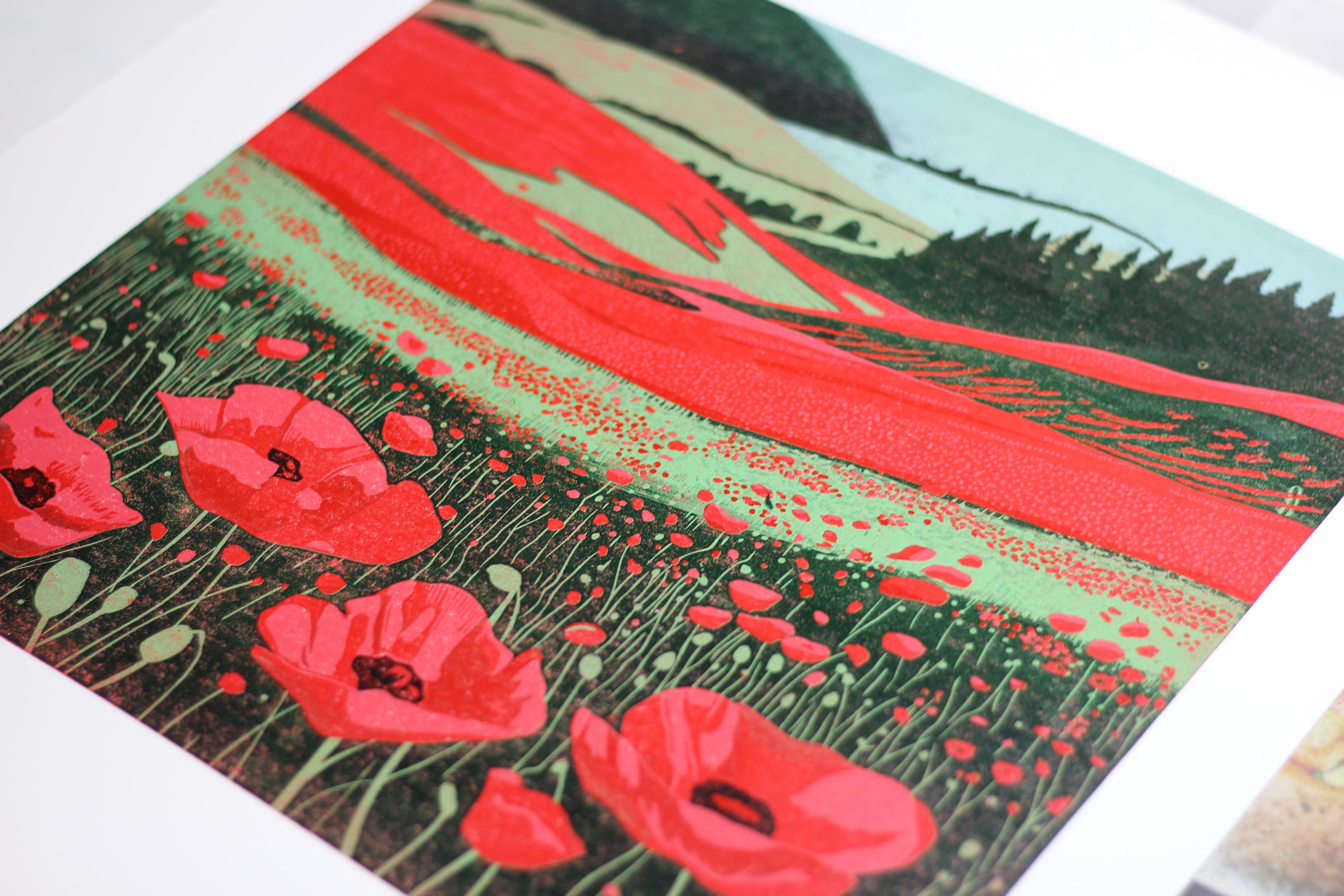 Poppy Fields Linocut Print: Limited Edition Reduction Handmade ...