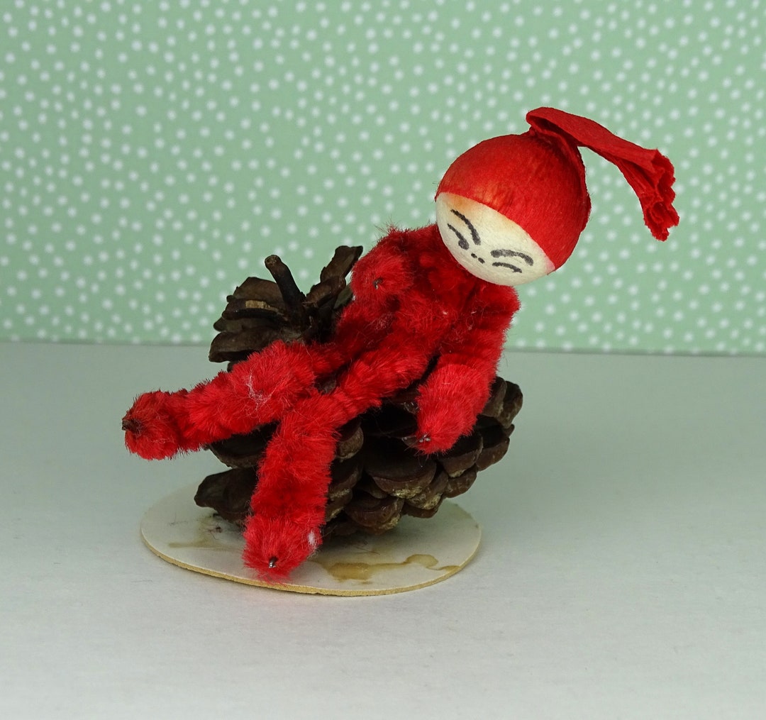 Vintage Christmas Pipe Cleaner Elf Ornament Red Pine Cone - Etsy