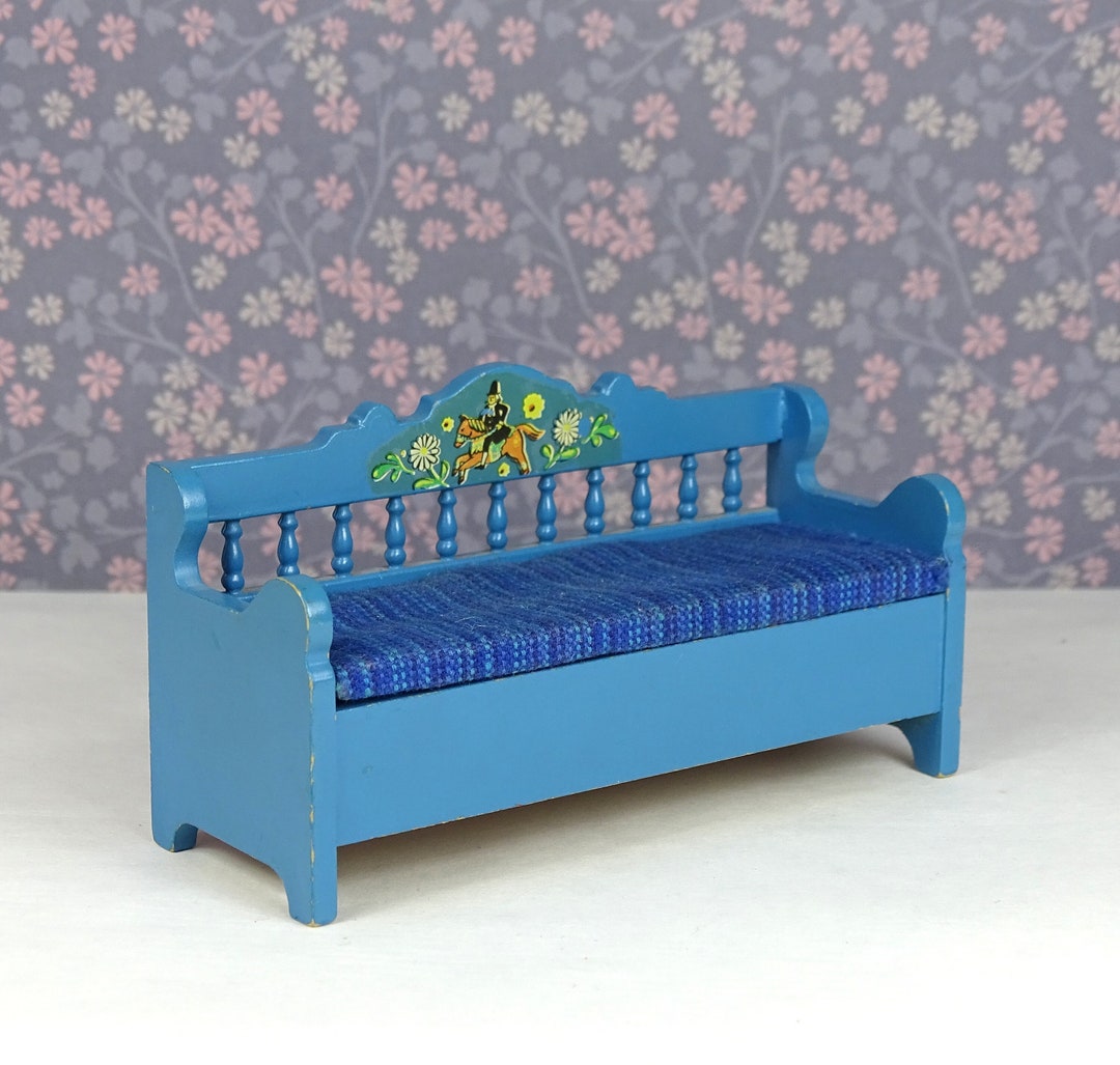 Dollhouse Vintage Lundby Bench 1970s Furniture Wood Blue Scandinavian ...