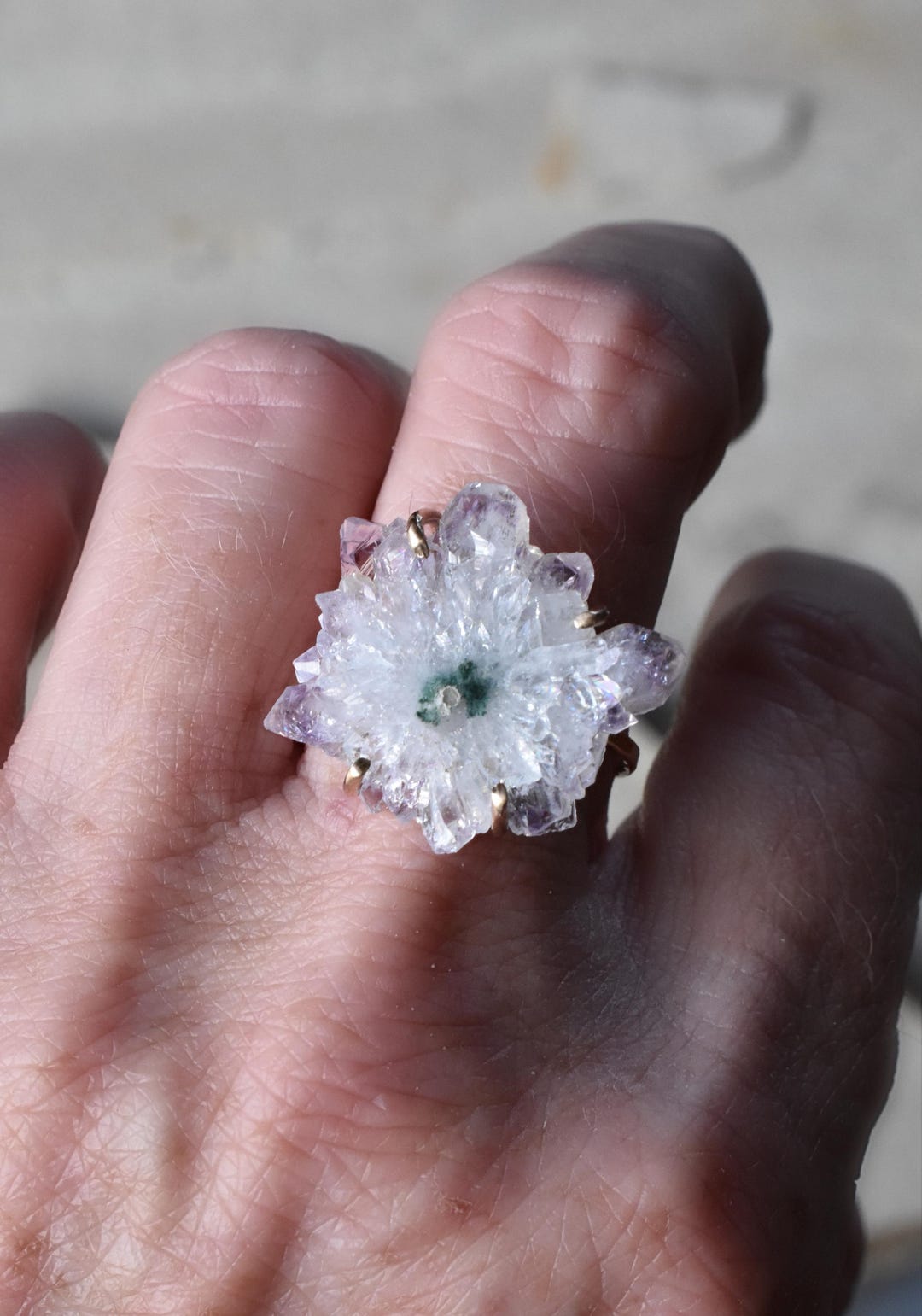 Amethyst Crystal Solar Quartz Ring, Star Burst in Clear, White & Purple ...