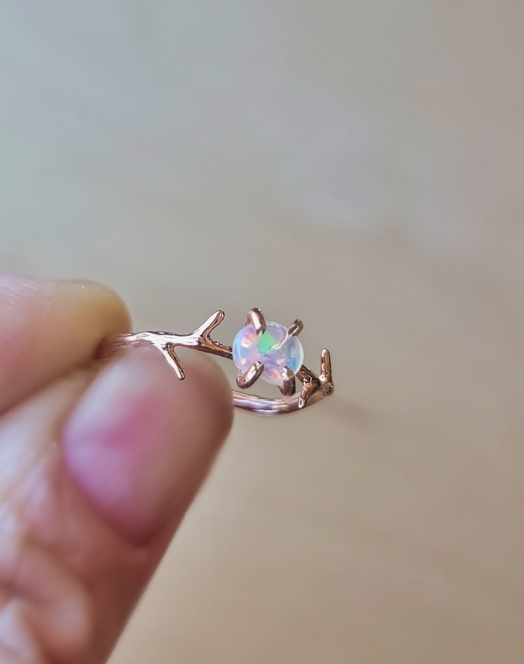 Fairy Ring in Rose Gold & Raw Opal, Twig / Antler Band and Uncut Fire Opal, October Birthstone ...