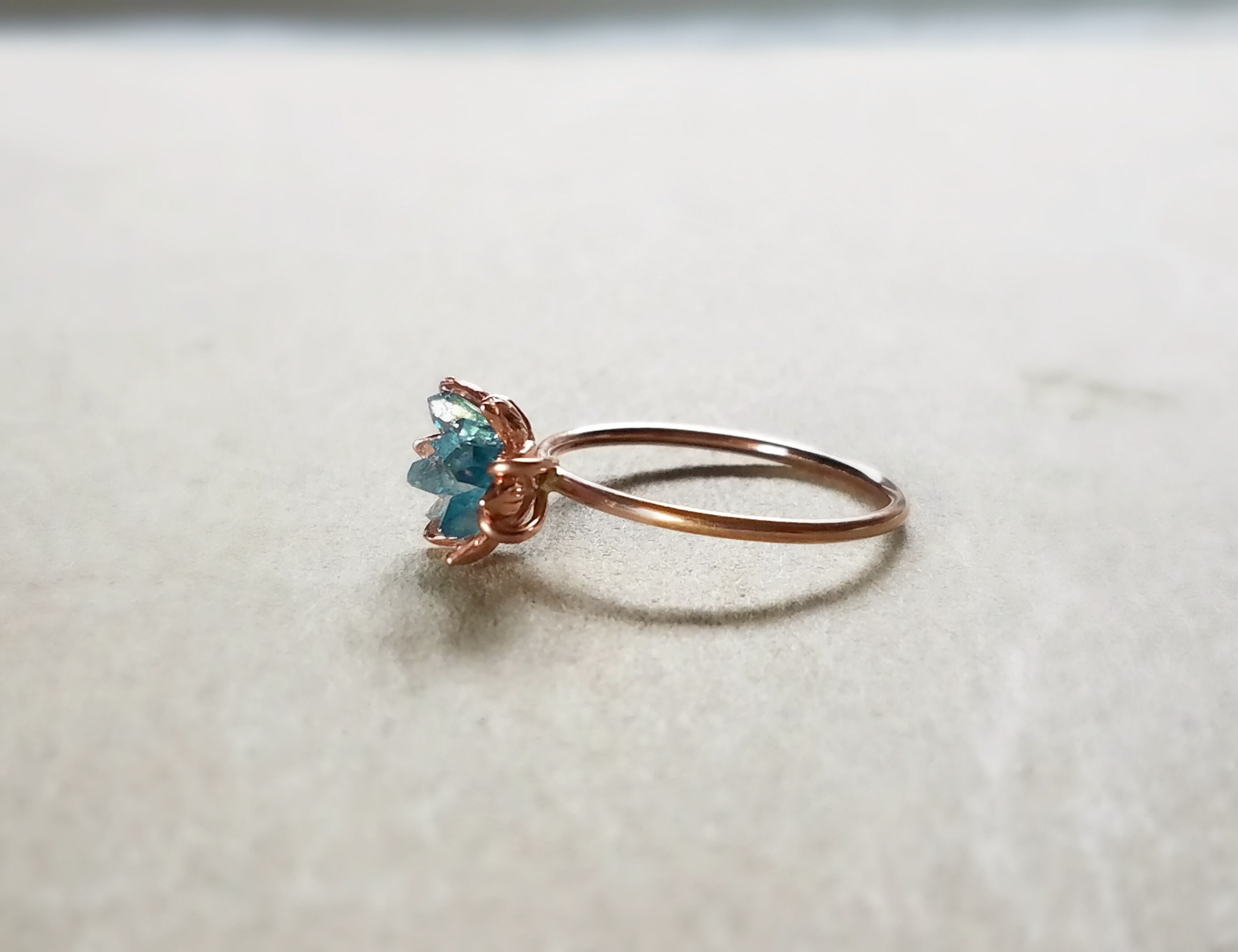 Raw Crystal Ring Aqua Aura & 14K Rose Gold Fill Lotus Flower - Etsy
