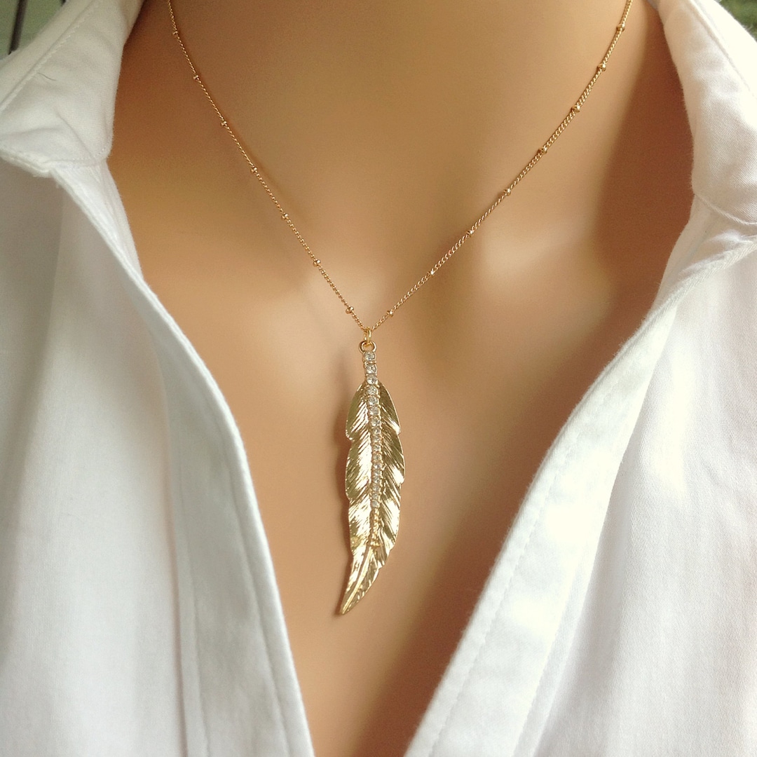 Gold Feather Necklace, Long Gold Feather Pendant Necklaces for Women ...