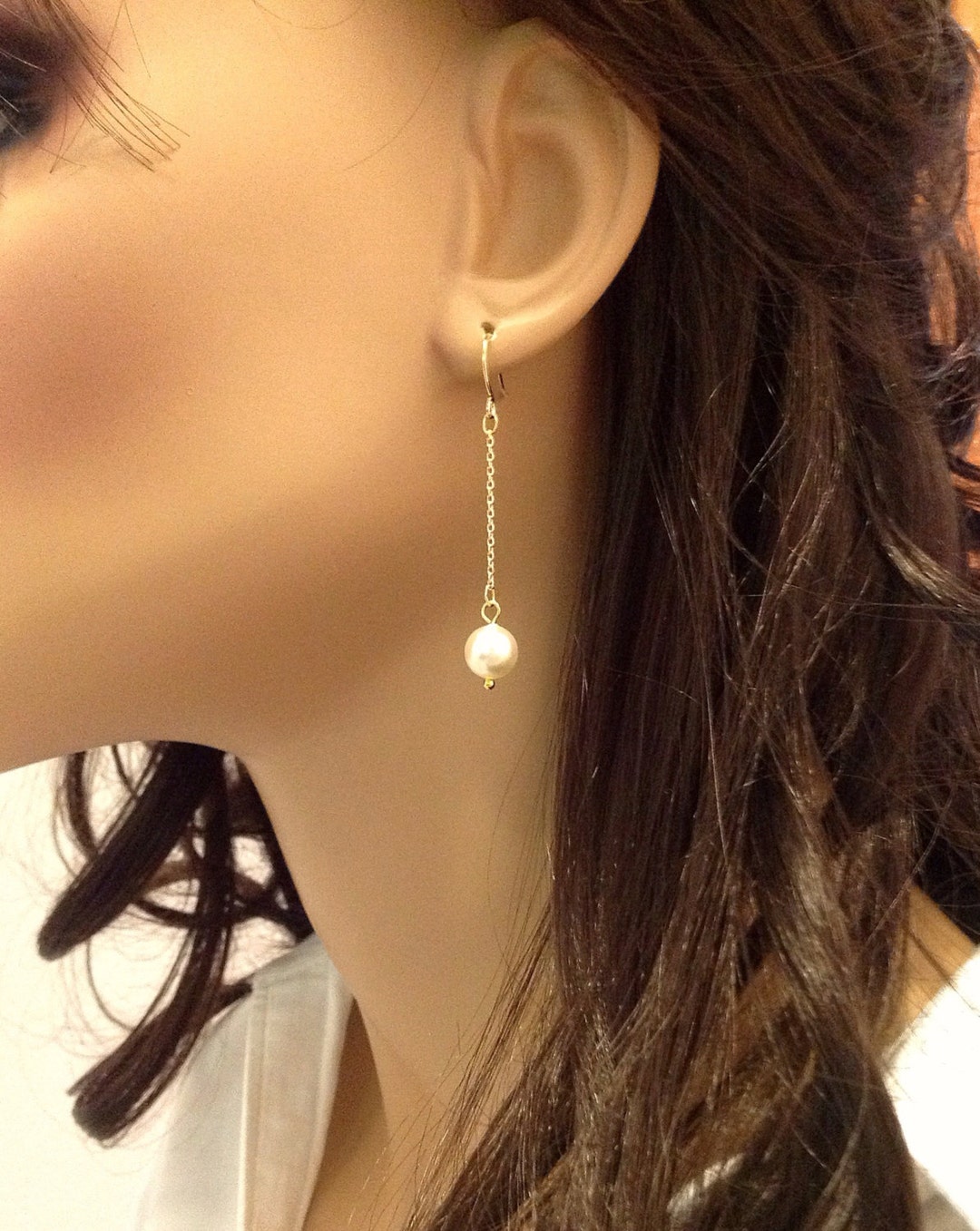 Long Gold Earrings, Pearl Dangle Earrings, White Pearl Jewelry, Simple ...
