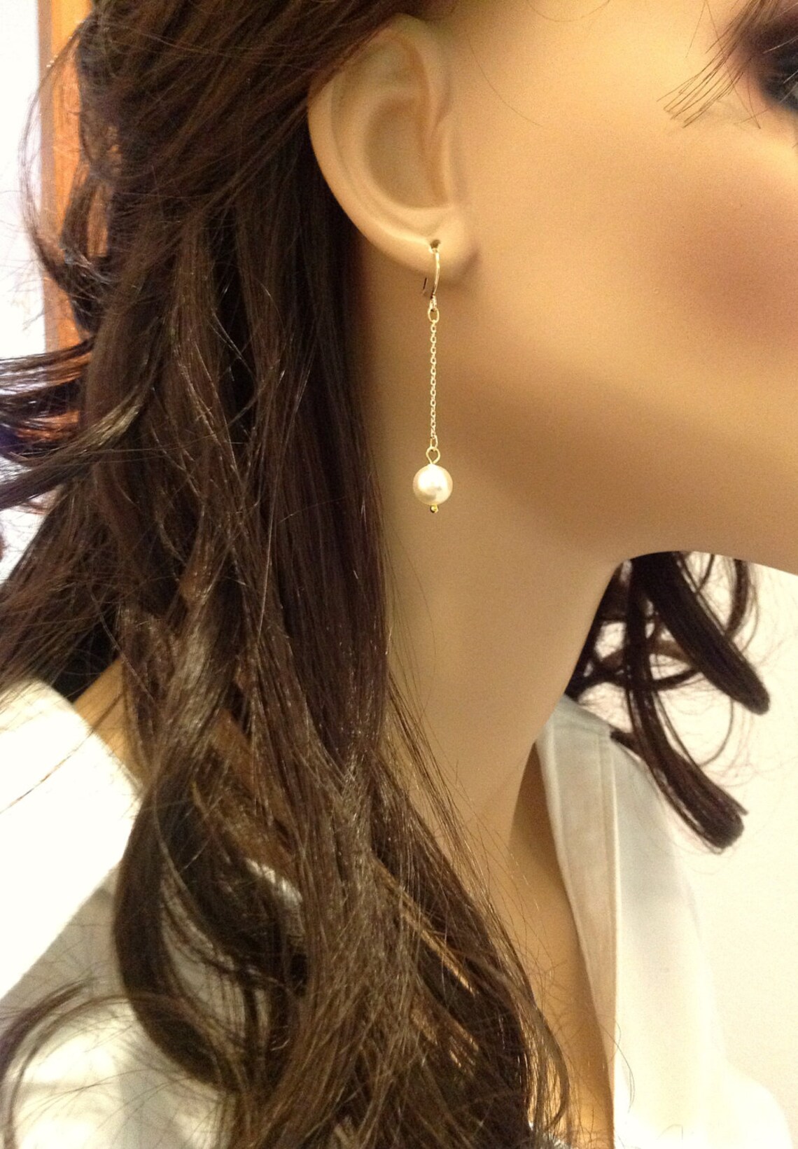 Long Gold Earrings, Pearl Dangle Earrings, White Pearl Jewelry, Simple ...