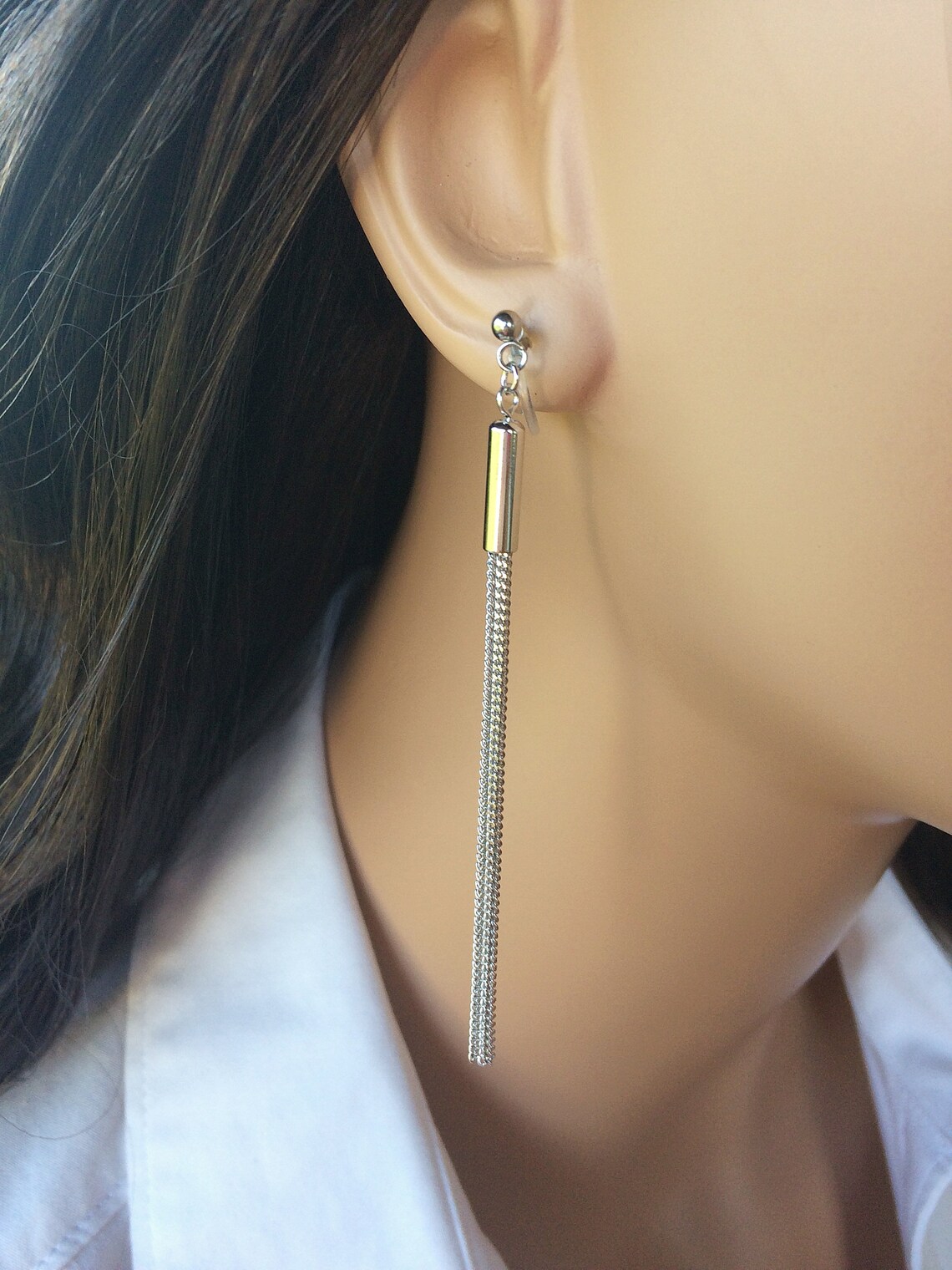 Silver Invisible Clip on Earrings, Silver Tassel Earrings With Clip On ...