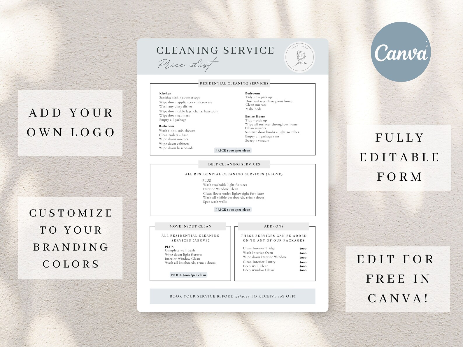 Professional Cleaning Service Pricing List, Editable Pricing List ...
