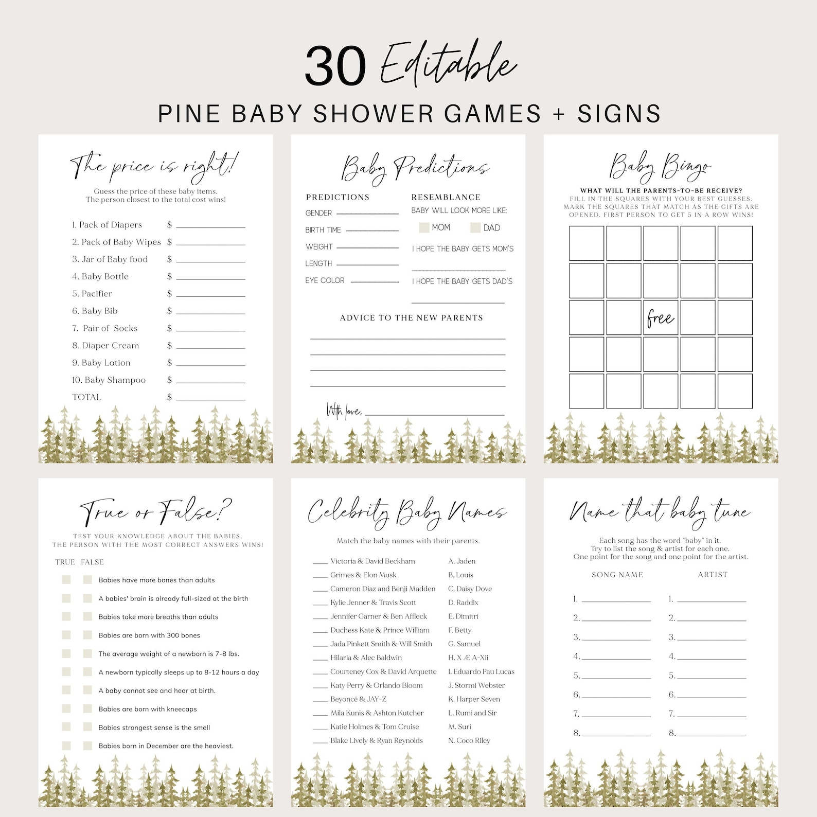 Pine Tree Baby Shower Game Bundle, Mountain Baby Games, Editable Baby ...