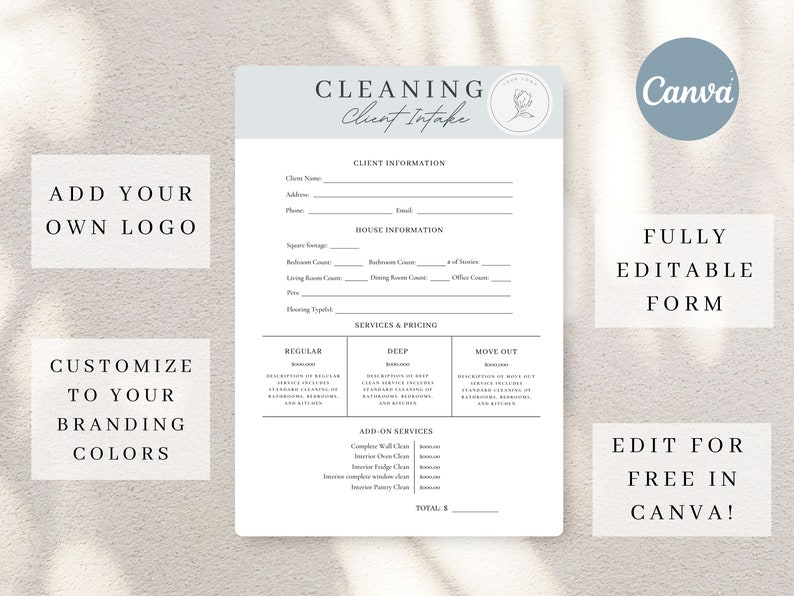 Professional Residential Cleaning Service Client Intake Form - Etsy