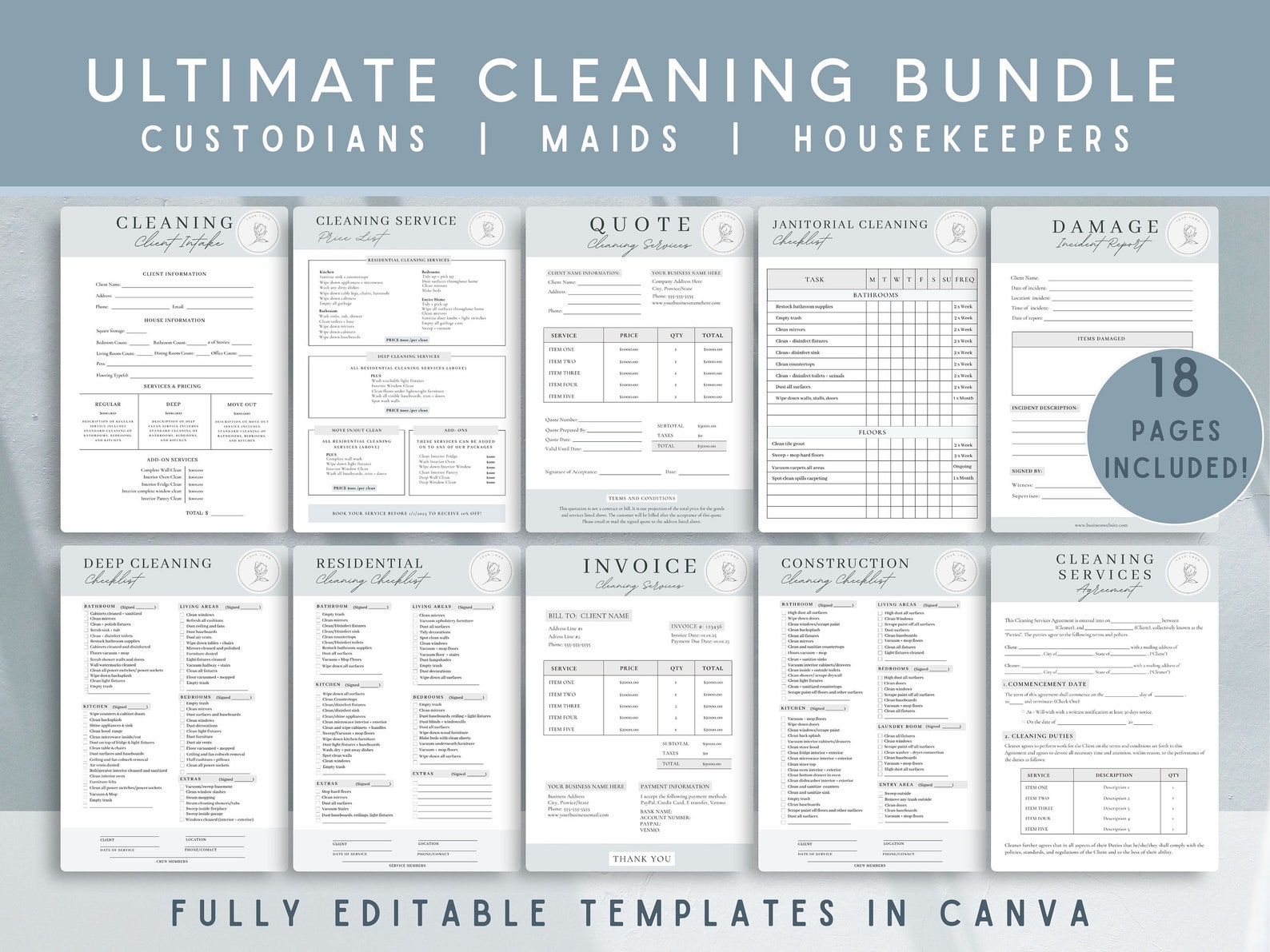 EDITABLE Cleaning Service Contract Bundle, Maid Forms Template, Janitor ...
