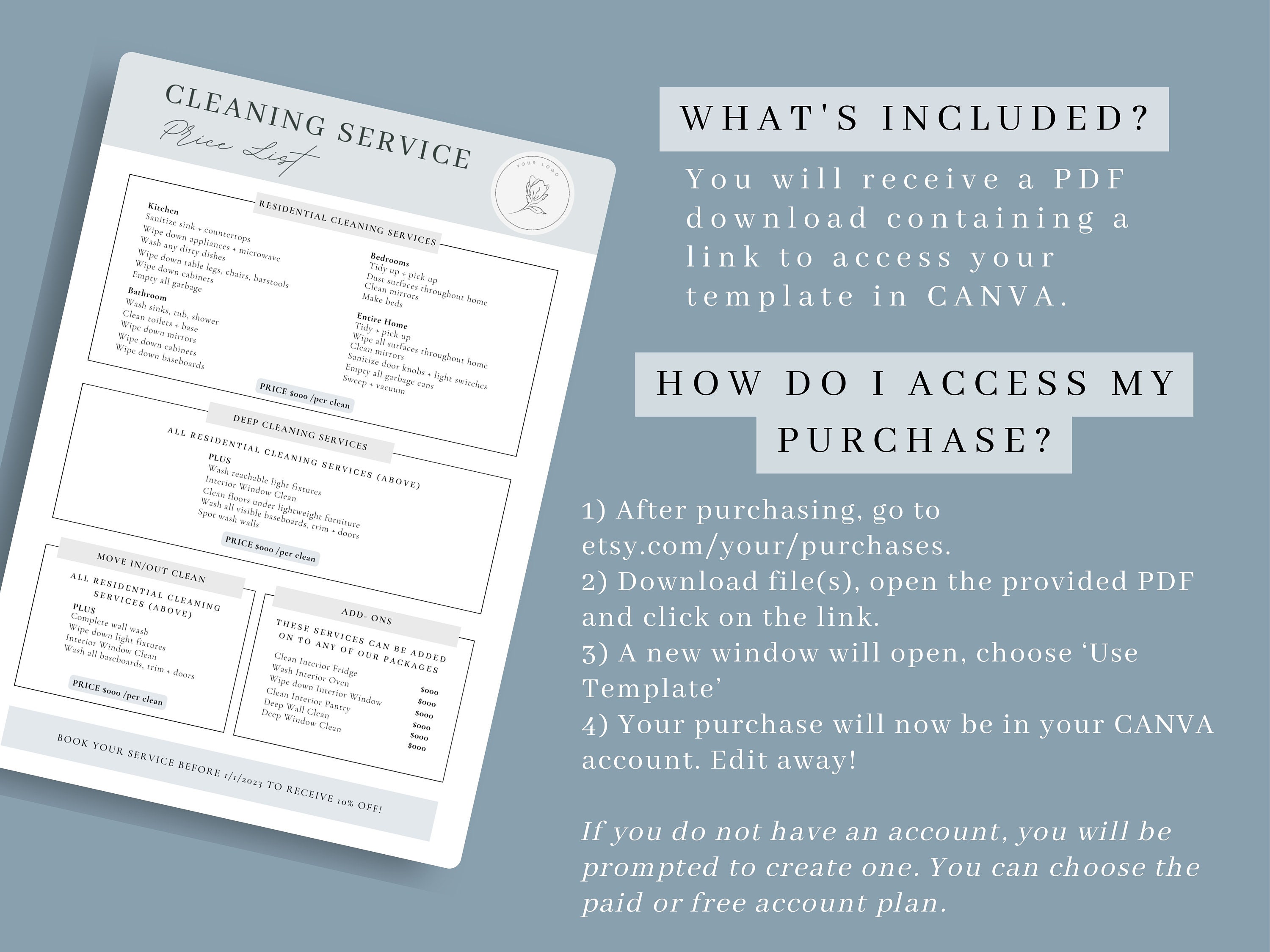 Professional Cleaning Service Pricing List, Editable Pricing List ...