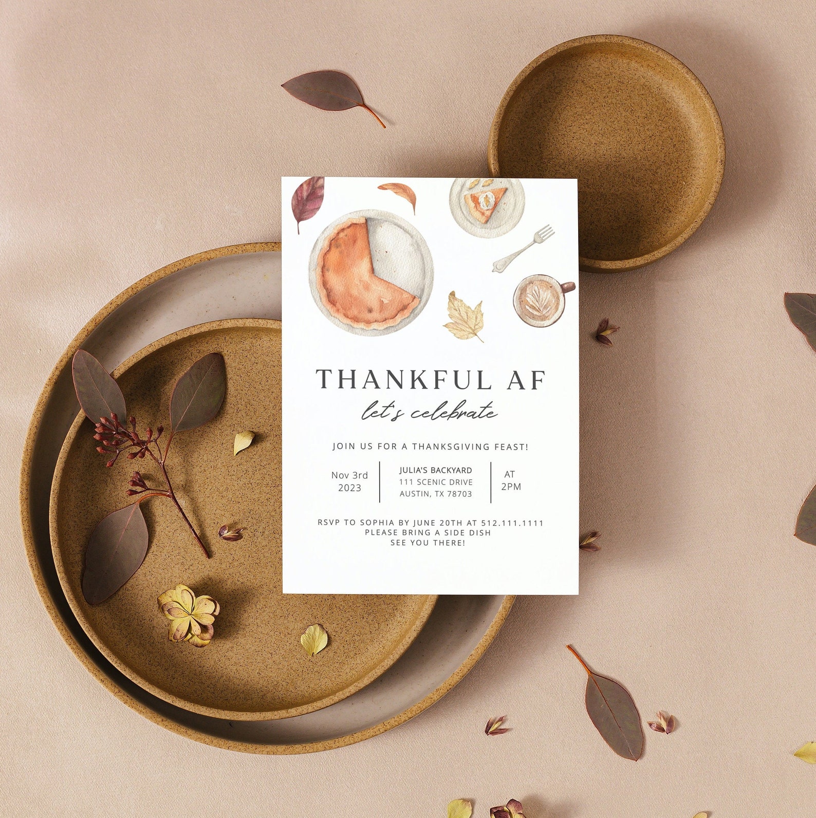 Thankful AF Friendsgiving Dinner Invitation, Autumn Thanksgiving ...