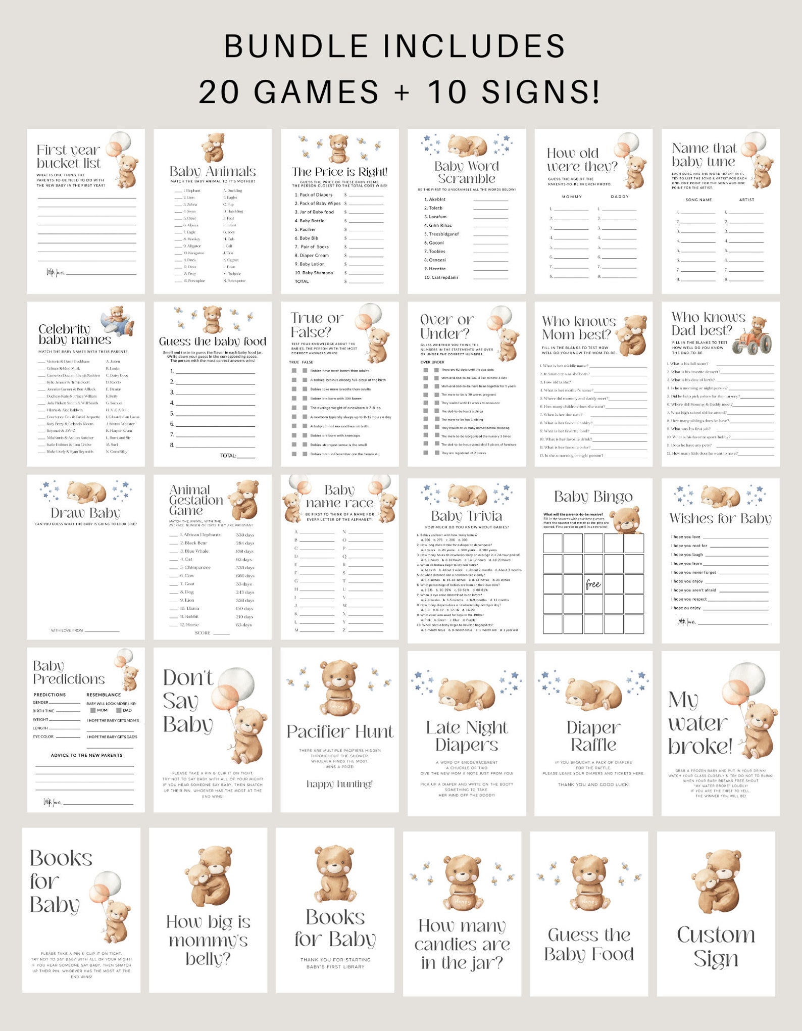 Editable Teddy Bear Baby Shower Games Bundle, We Can Bearly Wait Baby ...