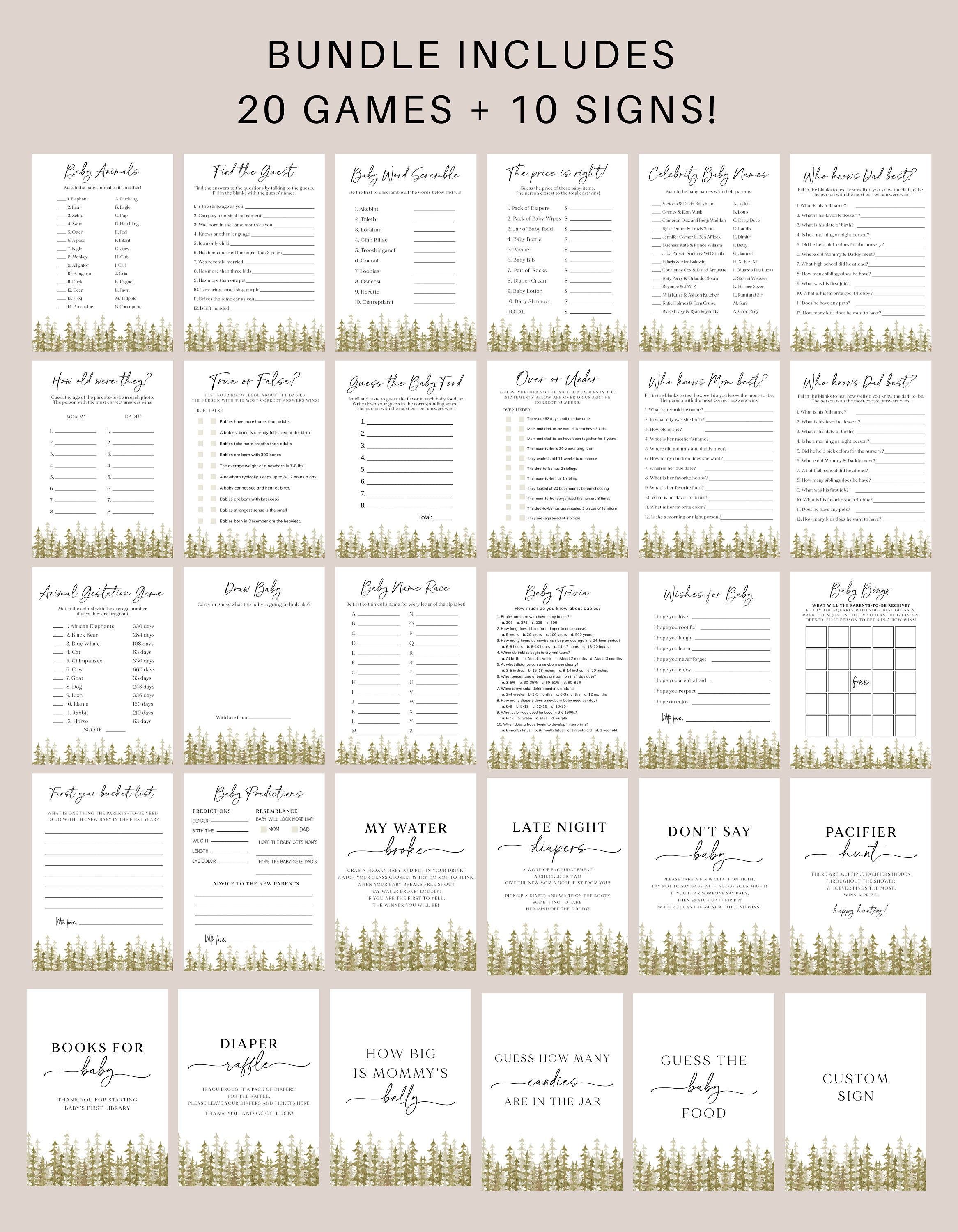 Pine Tree Baby Shower Game Bundle, Mountain Baby Games, Editable Baby ...