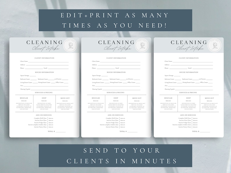 Professional Residential Cleaning Service Client Intake Form, Editable ...