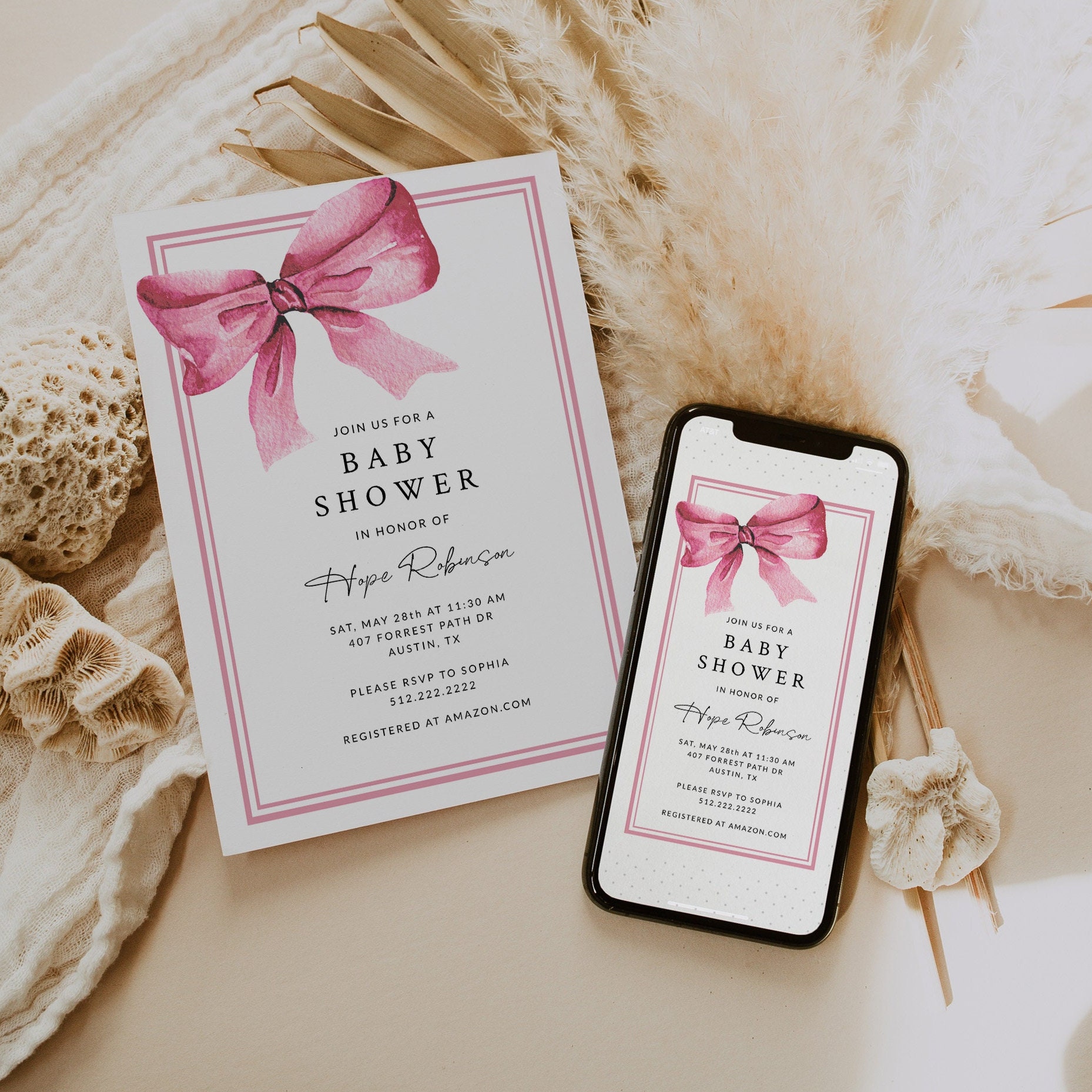 Preppy Baby Shower Invitation Template, iPhone Invitation, Pink Bow ...