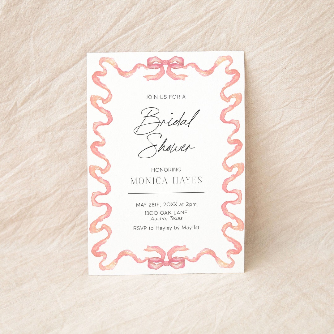 Pink Bow Bridal Shower Invitation Template, Wavy Boarder Invite ...