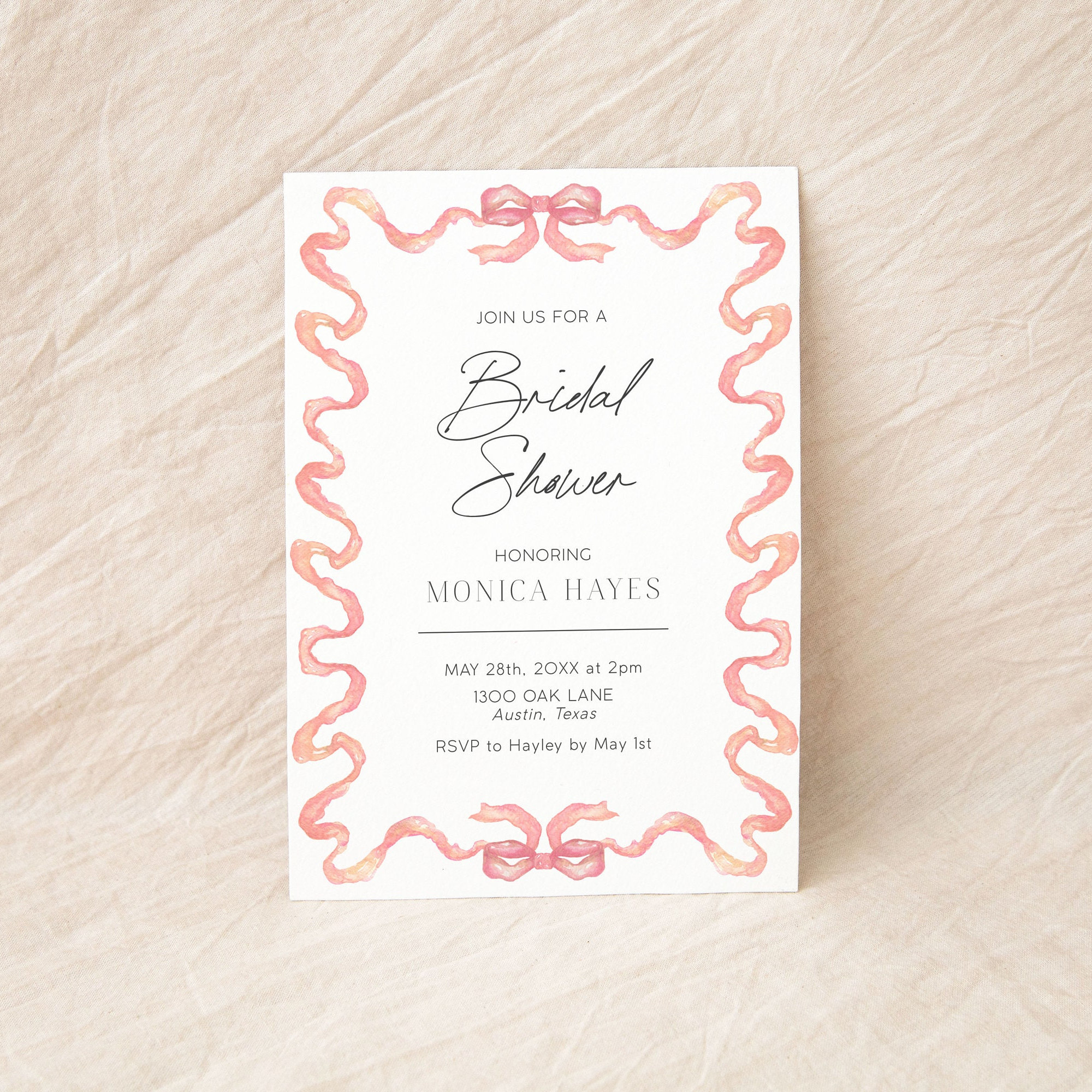 Pink Bow Bridal Shower Invitation Template Wavy Boarder - Etsy