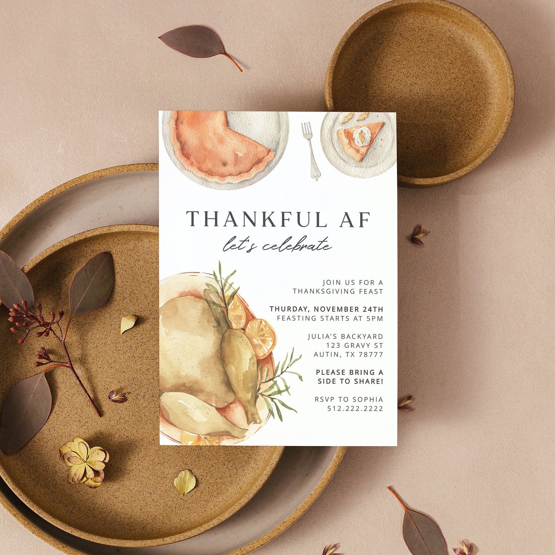 Thankful AF Friendsgiving Dinner Invitation, Autumn Thanksgiving ...