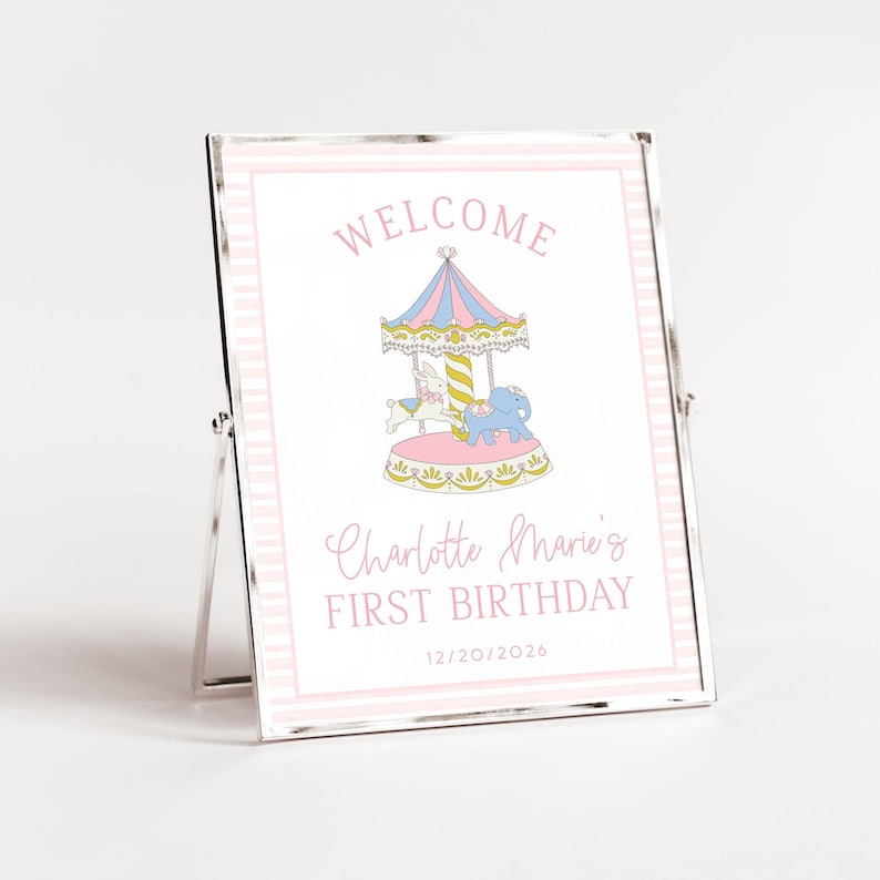 Pink Carousel First Birthday Welcome Sign Template, Carousel Birthday ...