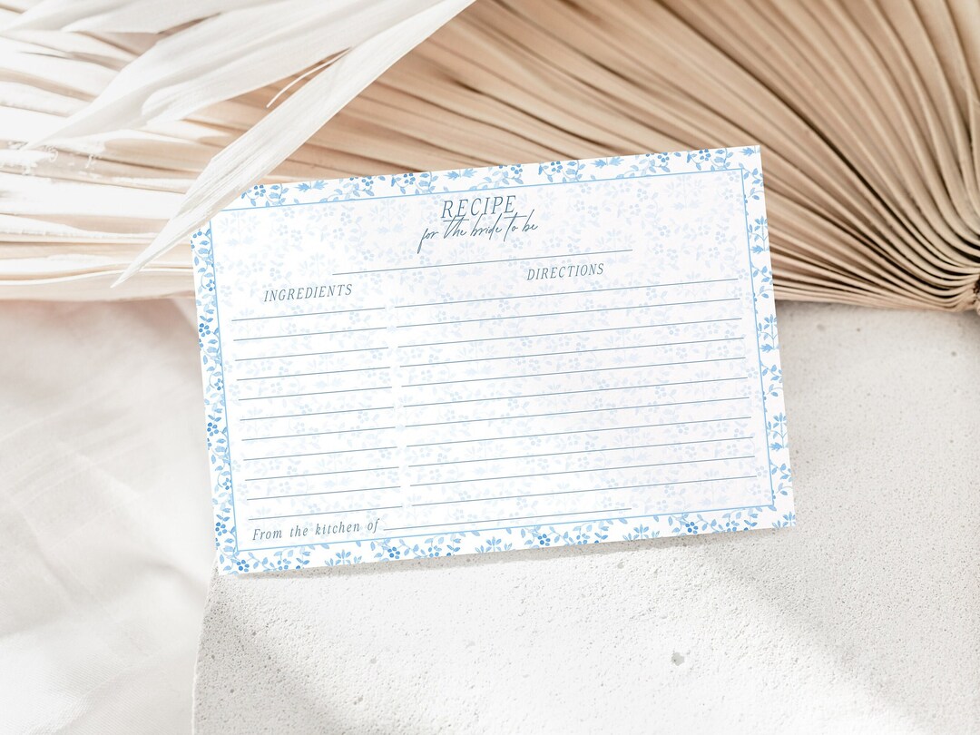 Blue Floral Recipe Card Template, Printable Bridal Shower Recipe Insert ...