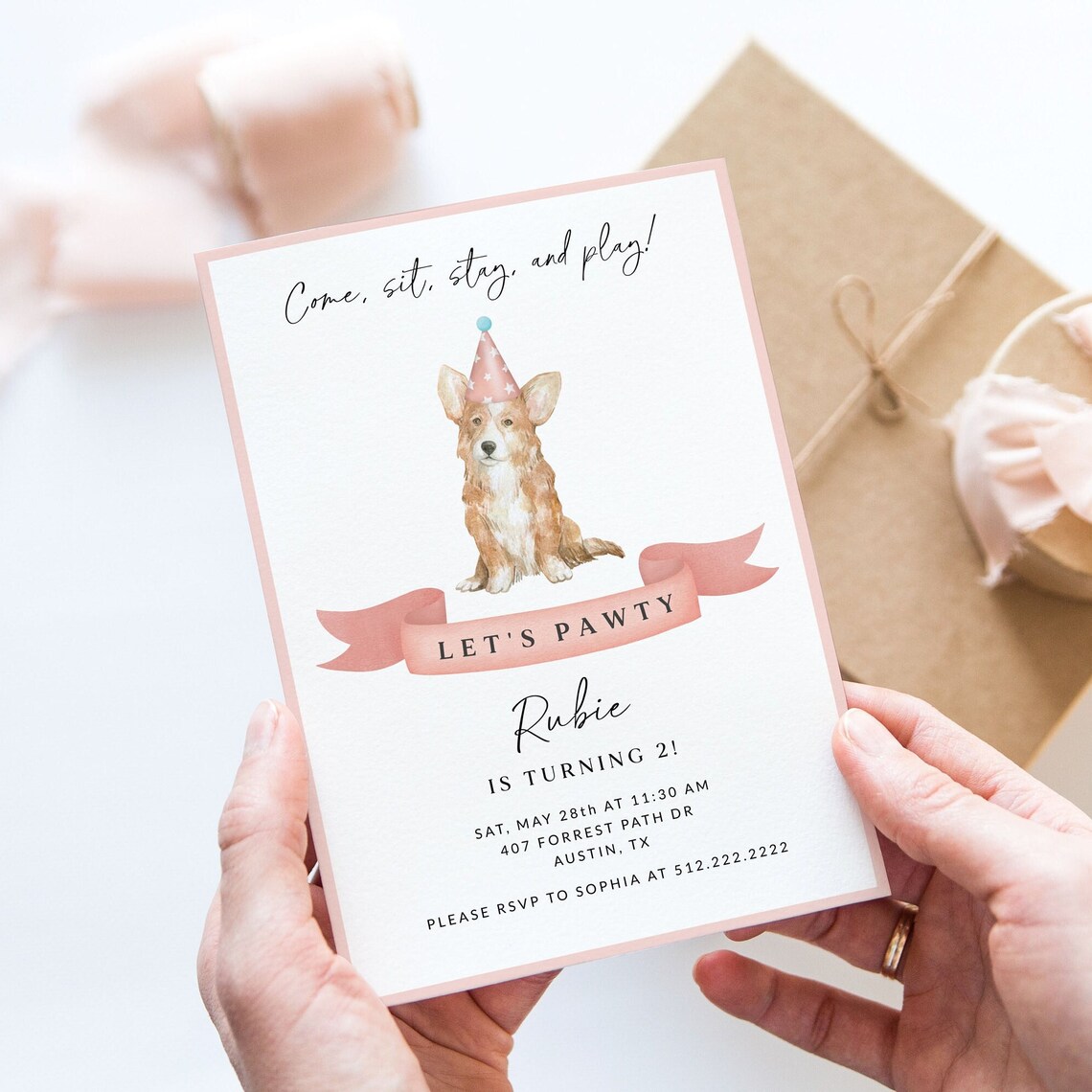 Corgi Birthday Invitation, Pink Puppy Birthday Invitation, Let's Pawty ...