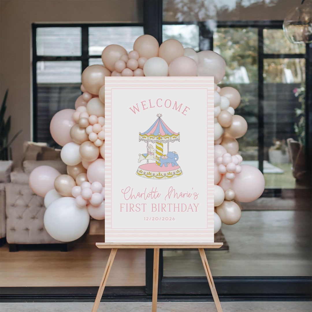 Pink Carousel First Birthday Welcome Sign Template, Carousel Birthday ...