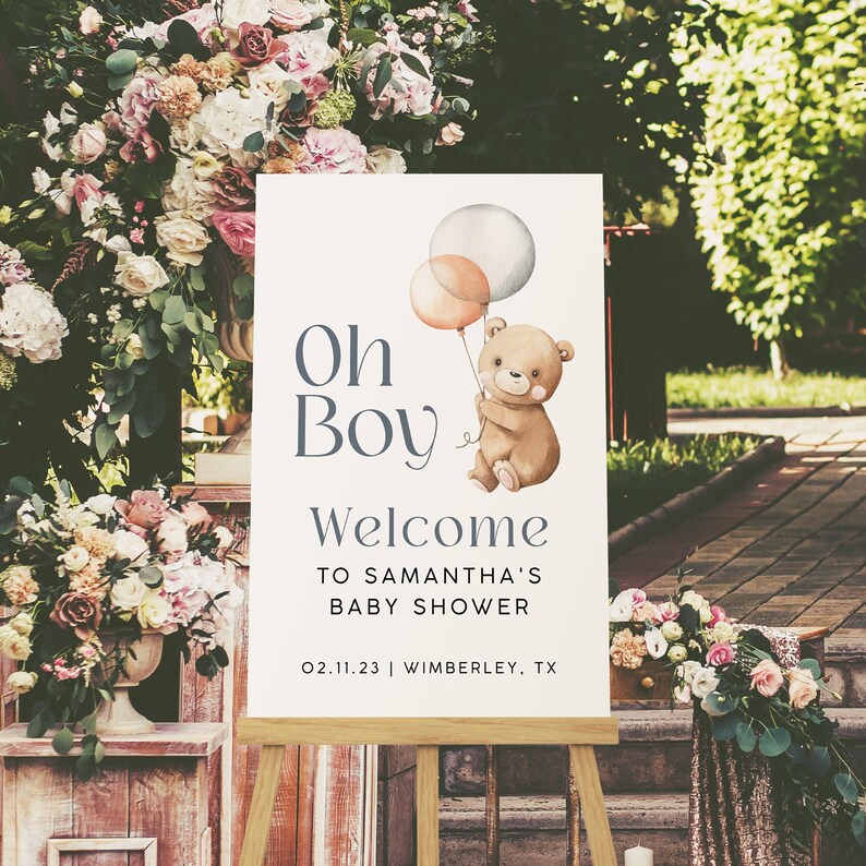 Oh Boy Baby Shower Welcome Sign Template Teddy Bear Baby - Etsy