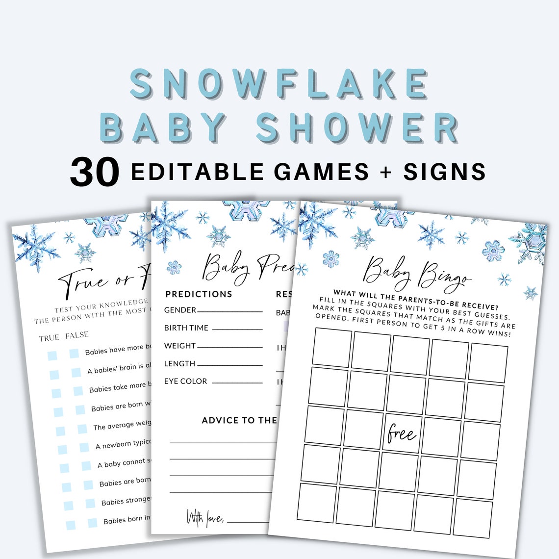 Snowflake Baby Shower Game Bundle Winter Baby Shower Games - Etsy