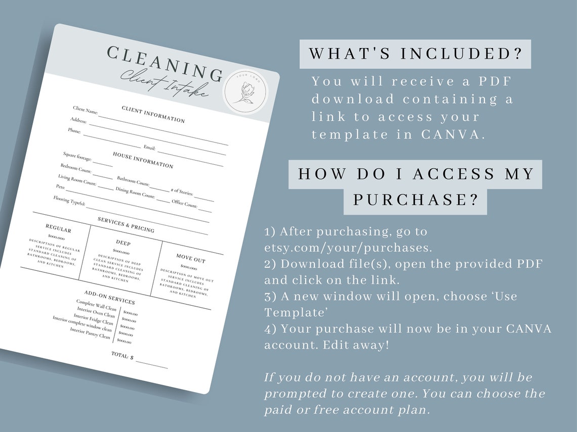 Professional Residential Cleaning Service Client Intake Form - Etsy