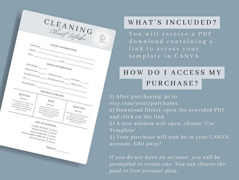 Professional Residential Cleaning Service Client Intake Form - Etsy